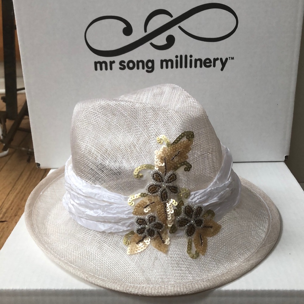 Mr Song Millinery Mesh Hat White Beaded - Gem